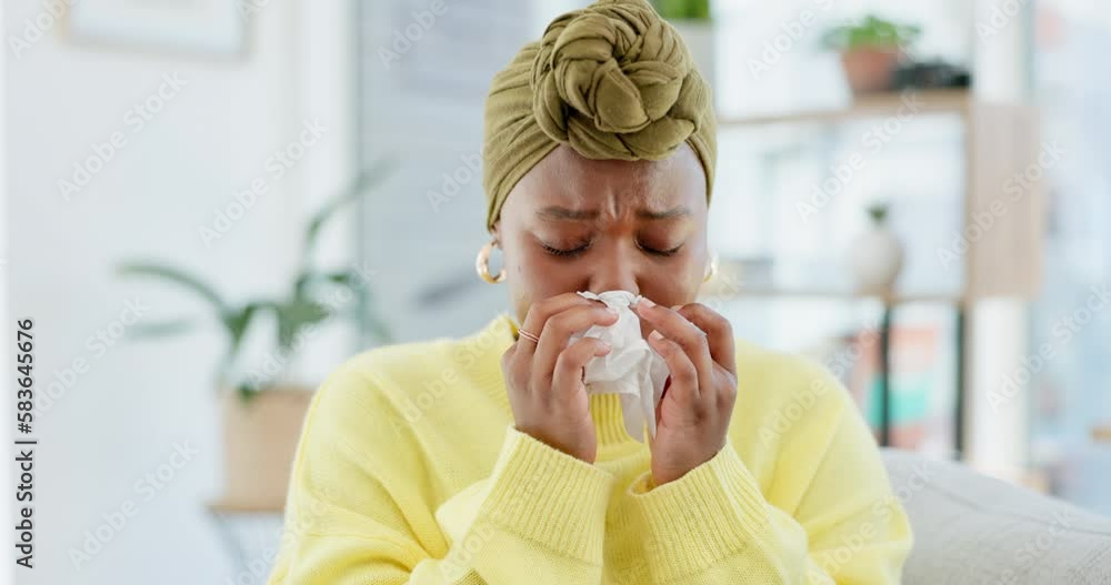 Black woman, sneeze and sick with tissue on sofa in home living room ...