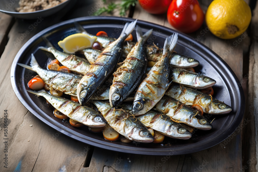 Sardinhas assadas na brasa com pimentos azeite e pão. Comida ...