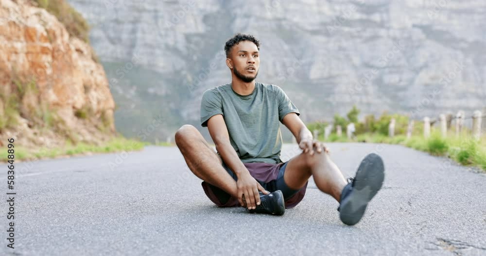 Fitness, man and stretching legs on mountain in preparation for running ...