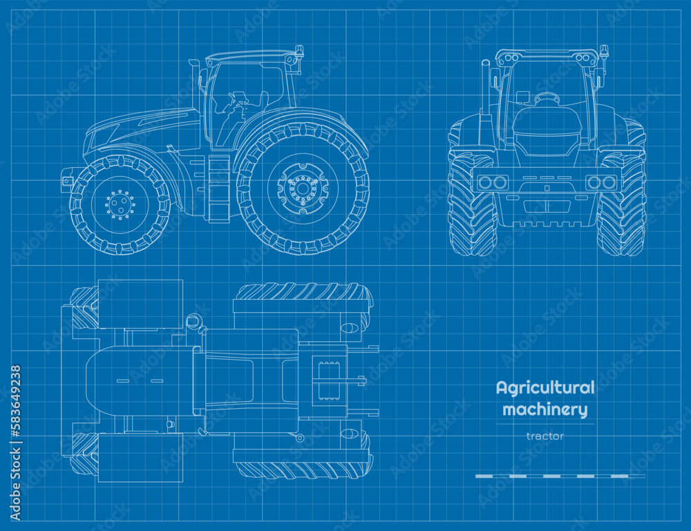 Outline farmer tractor drawing. Agricultural machine. Top, side and ...