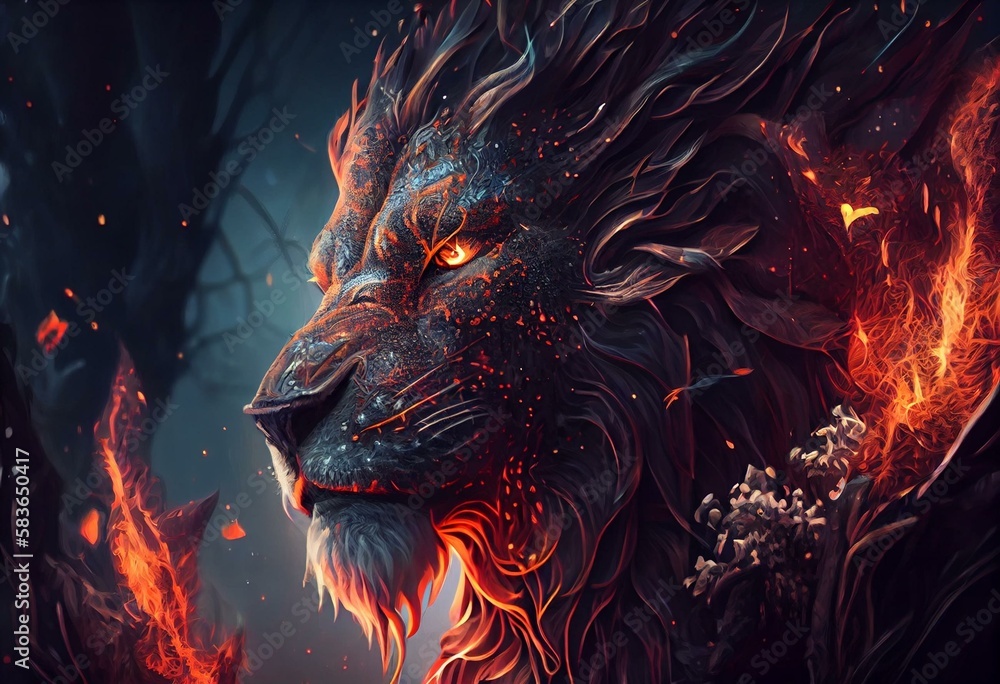 A fiery and ash-made demonic lion, depicted as an evil fantasy creature ...