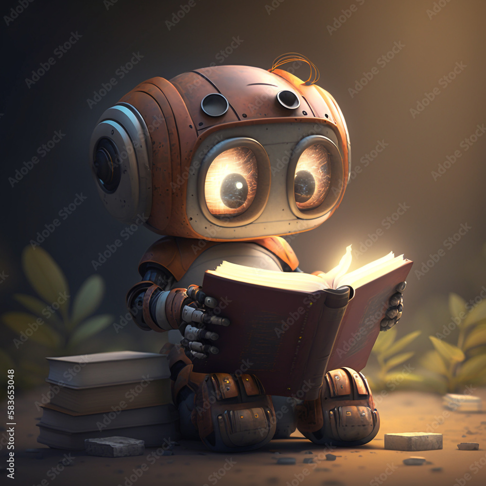 Cute little robot with big eyes reading a book created by Generative AI ...