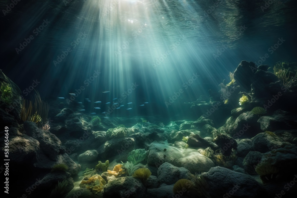 an underwater view of a coral reef with sunlight streaming through the ...