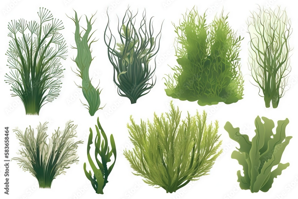 a collection of seaweed and seaweed plants on a white background, all ...