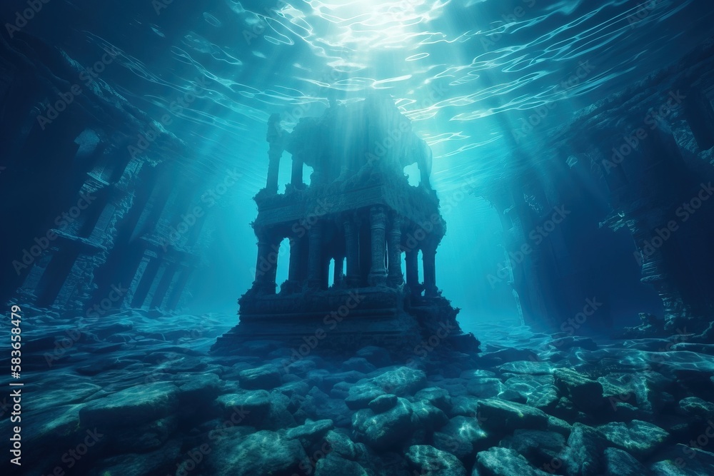 an underwater view of a building in the ocean with rocks under water ...