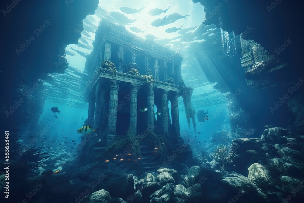 an underwater view of a building surrounded by rocks and corals, with ...