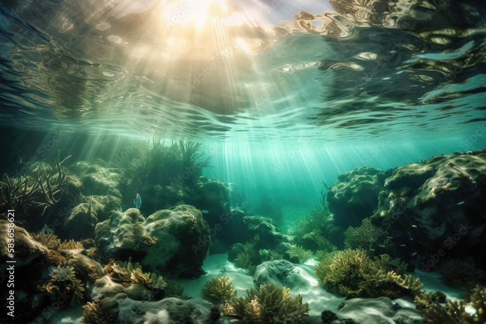 the sun shines through the water over a sandy bottom of the ocean floor ...