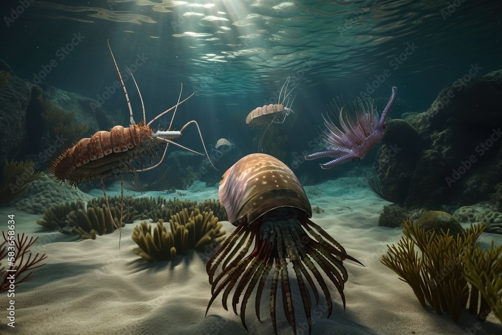 a group of sea animals swimming in an ocean with corals and seaweed on ...