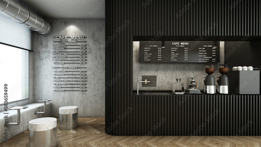 Cafe shop design Modern and Minimal,Slatted wall black color,Wall back ...