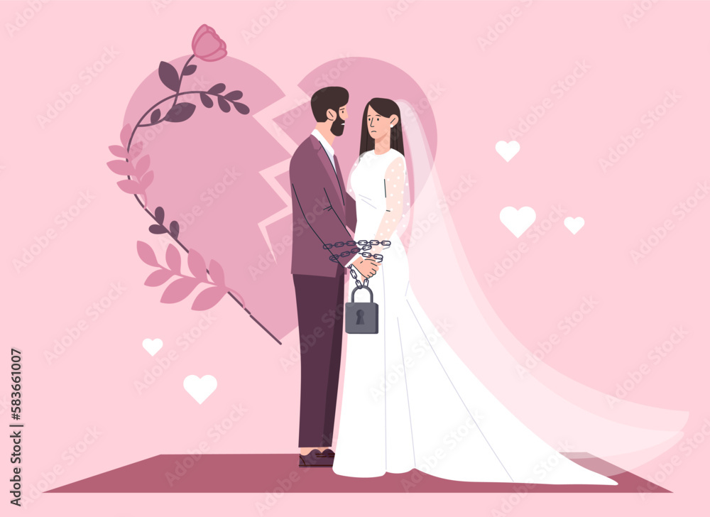 Forced marriage concept. Man and woman stand and hold hands in chains against background of ...