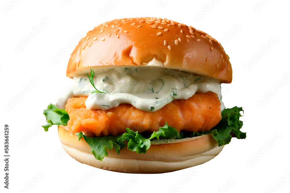 Burger With Fish And Bun Isolated On Plain White Background, Fishburger ...