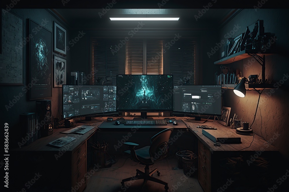 illustration, dark room with computer desk and monitor, ai generative ...