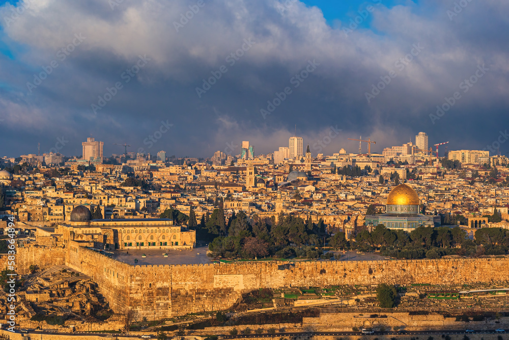 Jerusalem panorama with Temple Mount, Al-Aqsa Mosque and Dome of the ...