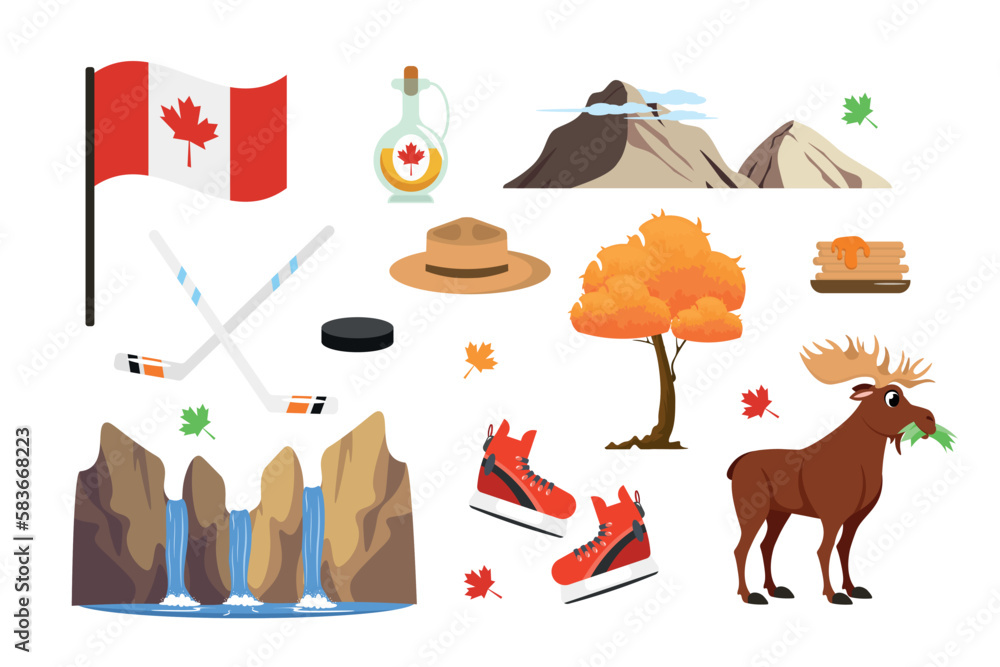 Vector illustration of tourist items in Canada. Collection of national ...