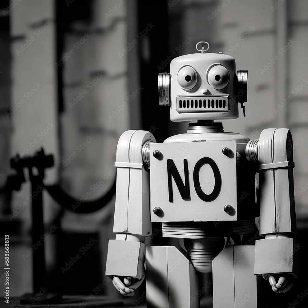 Illustrazione Stock Black and white robot saying "no" in a determined ...