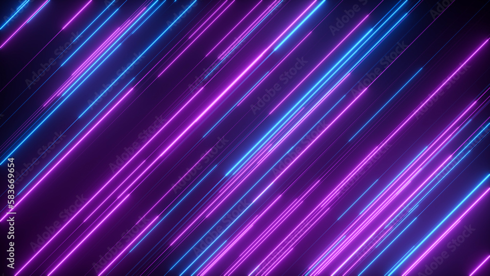 Abstract neon lines at an angle, blue and purple lines glow, abstract ...