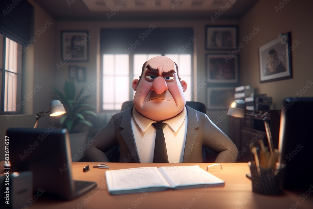 Frustrated Boss Behind Desk Cartoon Illustration, Generative AI Stock ...