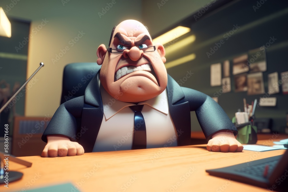 Frustrated Boss Behind Desk Cartoon Illustration, Generative AI Stock ...