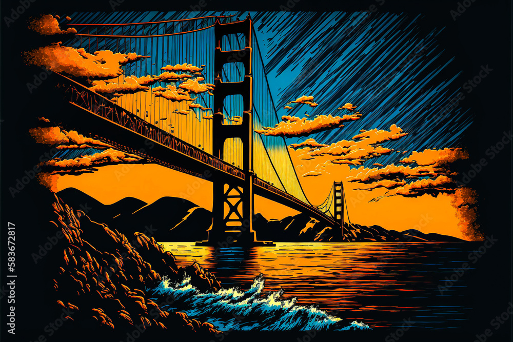 Iconic Golden Gate Bridge in San Francisco with contrasting orange and ...