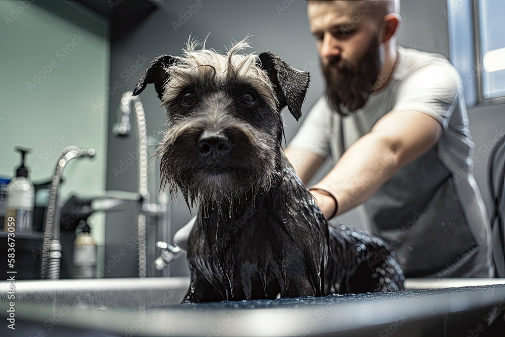 Generative AI Illustration of an adorable dog on the working table of a ...