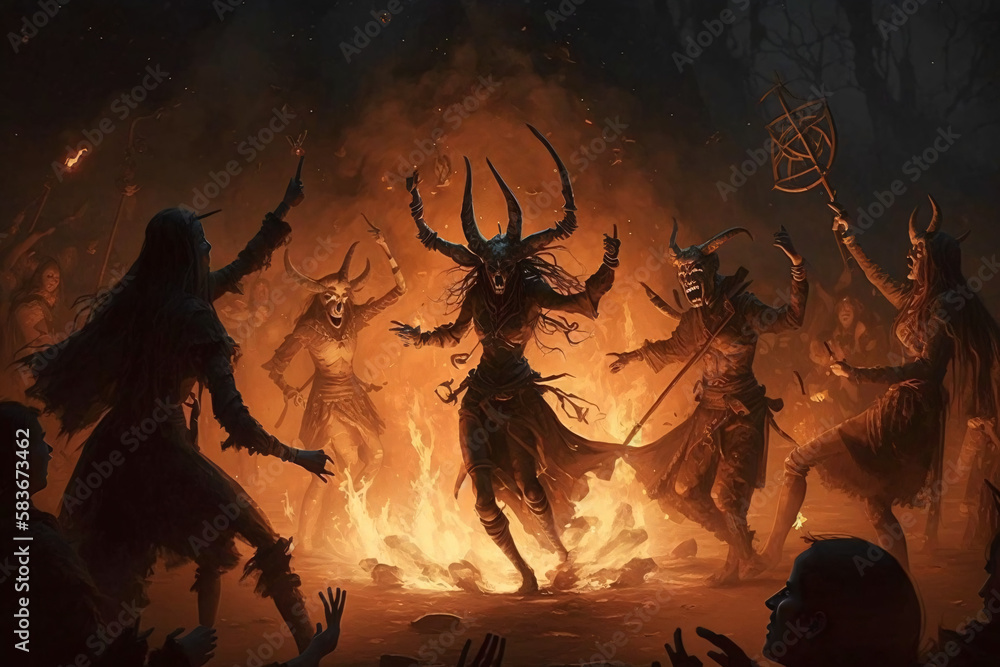 Evil witches dance around a fire in a ritual Stock Illustration | Adobe ...