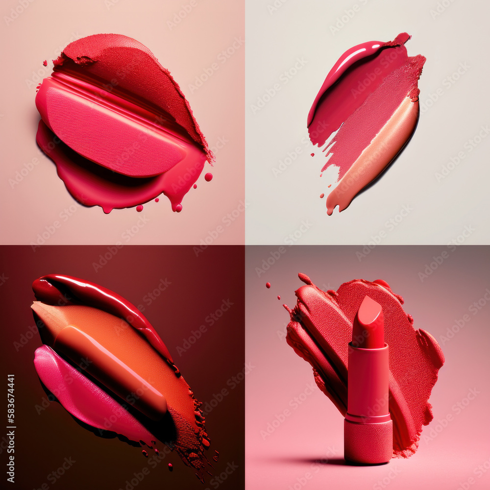 Set of four images with a lipstick and expressive lip paint stains on ...