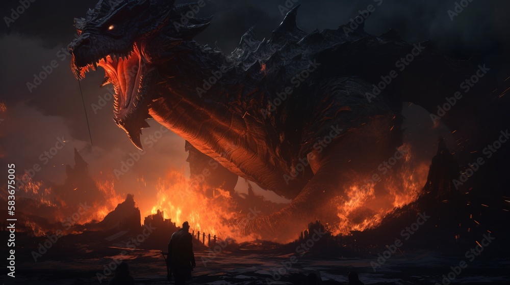 Giant Dragon breathes angry fire. Big explosion from enormous dragon in ...