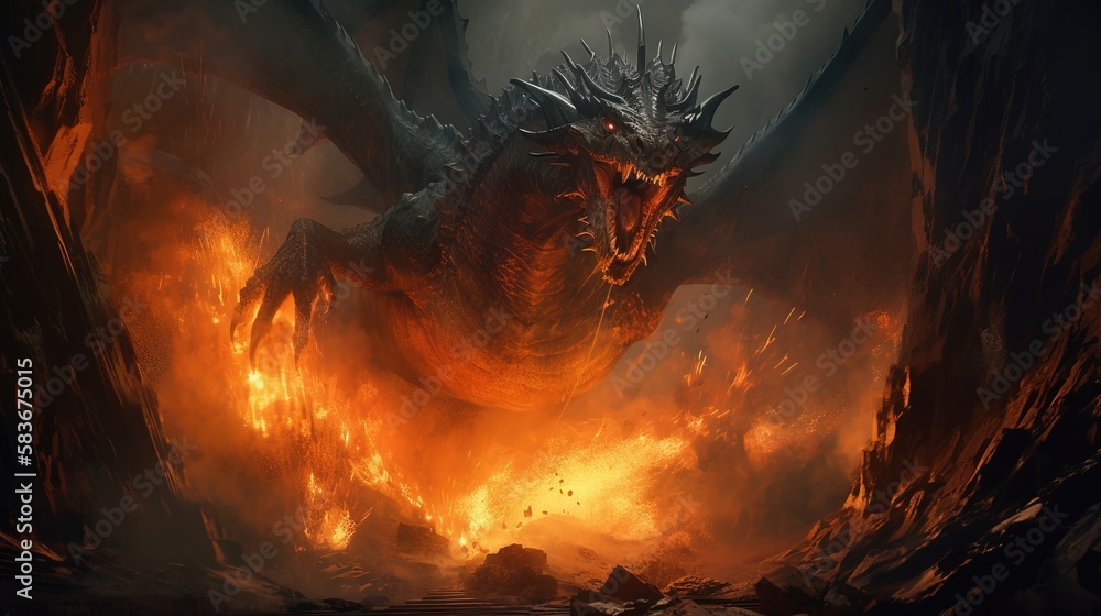 Giant Dragon breathes angry fire. Big explosion from enormous dragon in ...