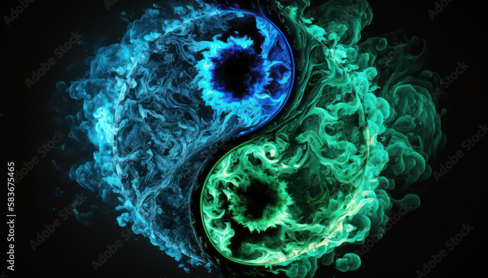 Yin-yang or Tai Chi symbol made of green and blue fire on black ...