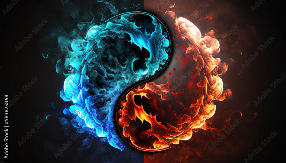 Yin-yang or Tai Chi symbol made of red and blue fire on black ...