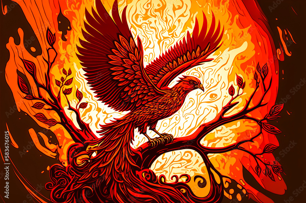 Stylized illustration of a phoenix bird rising from the ashes, in red ...