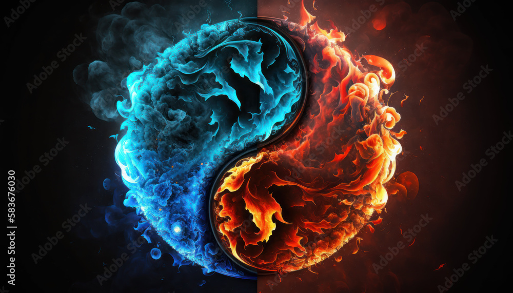 Yin-yang or Tai Chi symbol made of red and blue fire on black ...