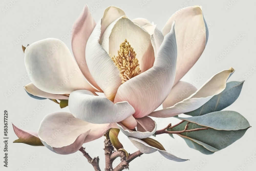 Magnolia flower closeup on white background, pastel color palette ...