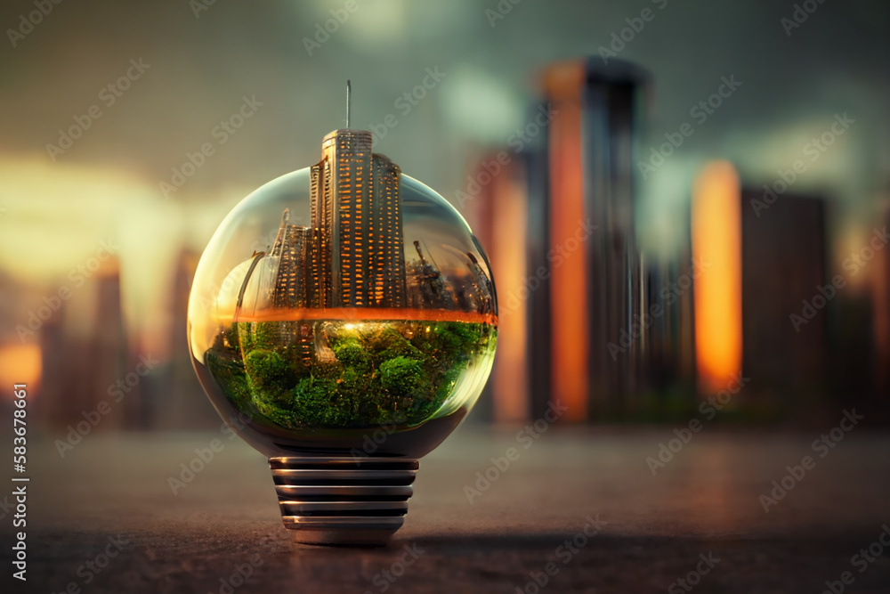 Green city with large trees and modern tall buildings inside light bulb ...