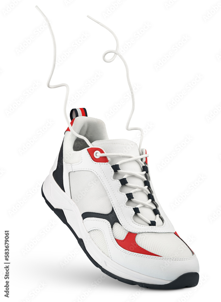 White sneaker with flying laces stands on the tip isolated on ...