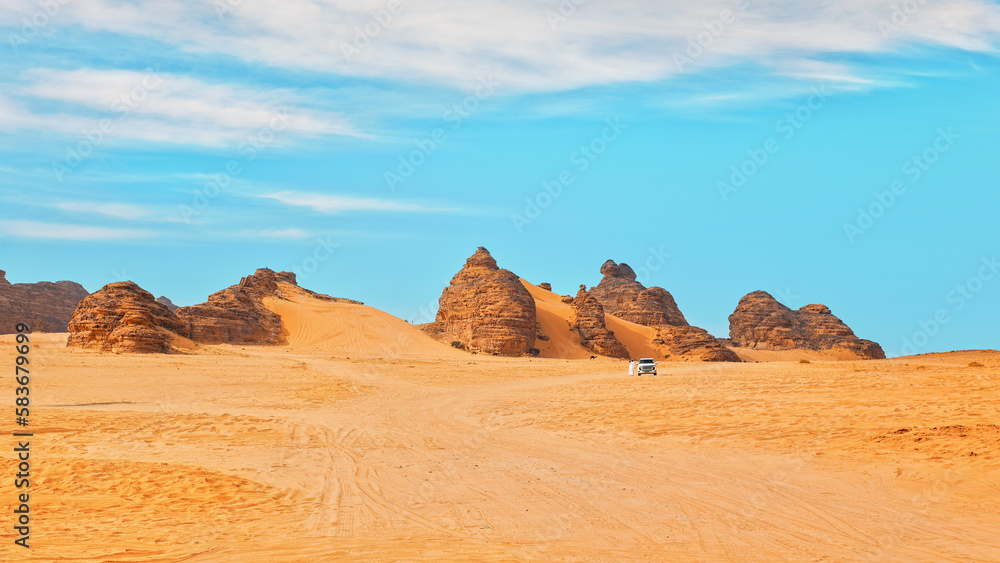 Typical desert landscape in Alula, Saudi Arabia, sand with some ...