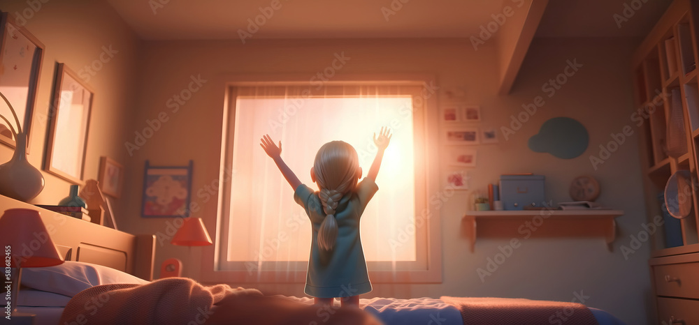 back of a cute girl waking up early positively in the morning sun shine ...