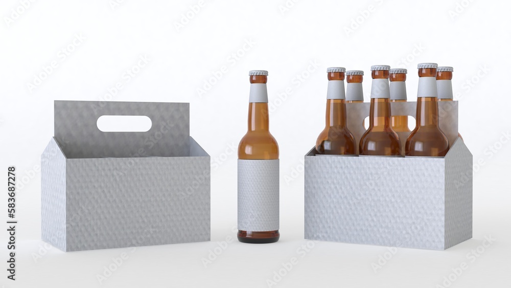 3D rendering of white six pack beer bottles and empty box, and one more ...