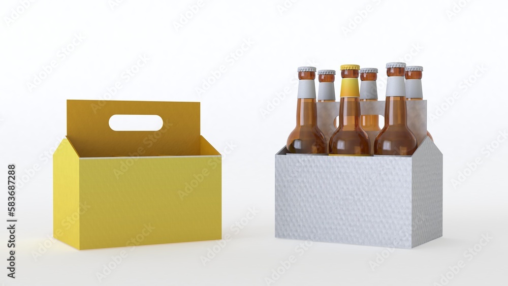 White Six pack beer bottles with empty white label, and yellow empty ...