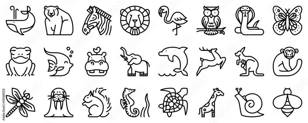 Line icons about wild animals on transparent background with editable ...