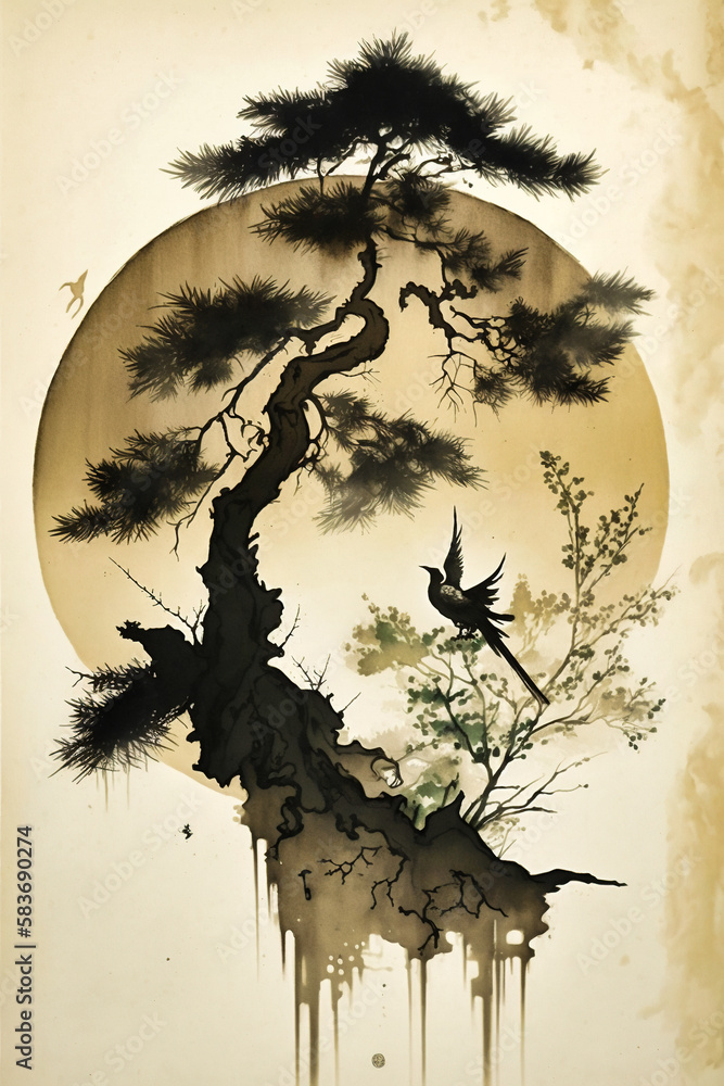 Sumi-e and stencil drawing of a beautiful tree in a Japanese style ...