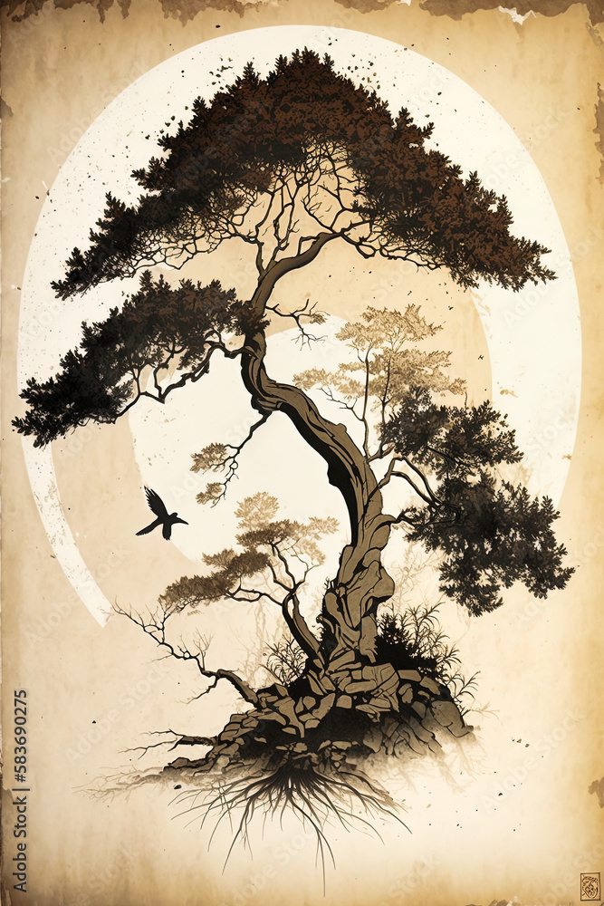 Sumi-e and stencil drawing of a beautiful tree in a Japanese style ...