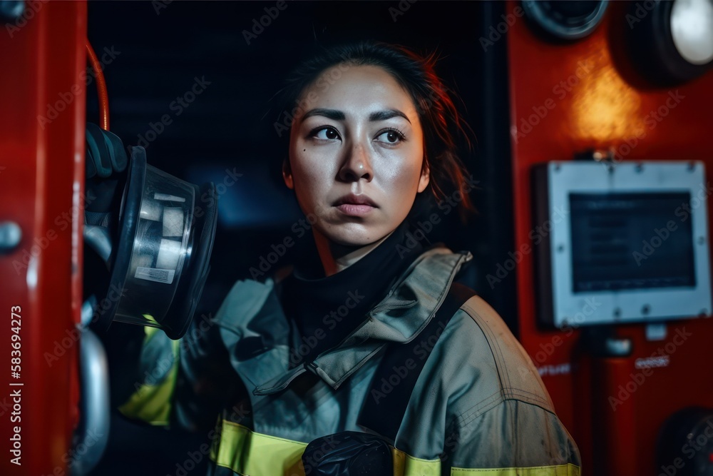Asian female firefighter in uniform, confidently posing with a serious ...