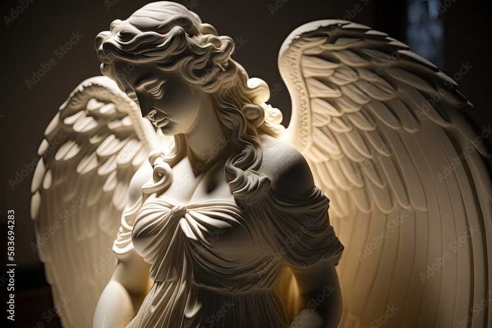 large female angel statue in cast stone, white figure with wings ...