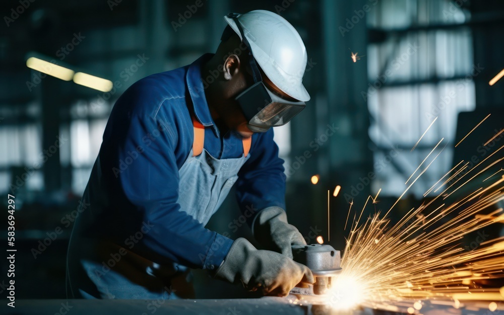 Metal worker skillfully grinding metal in an industrial factory ...
