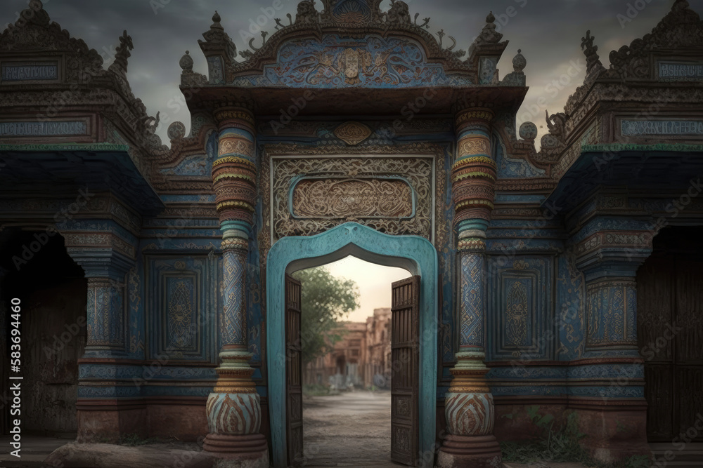 entrance gate of a small oriental village, beautiful blue pattern, and ...