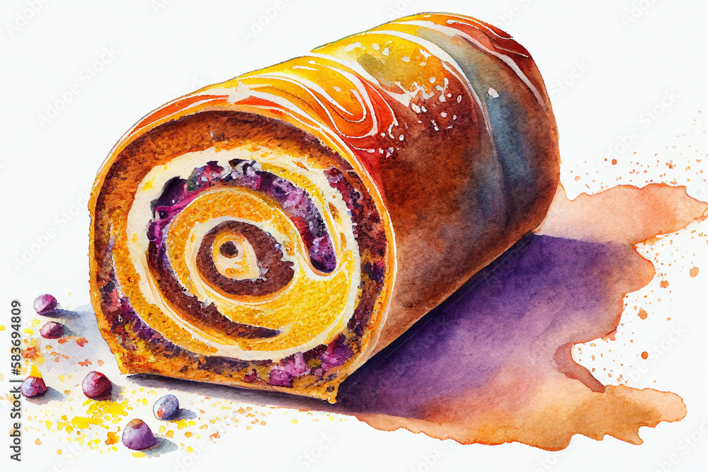 Watercolour Swiss roll on white background. Sponge roll cake Ai ...