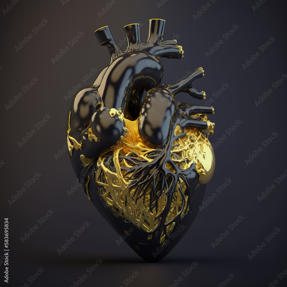Realistic 3D human heart with golden accents on dark background. Golden ...