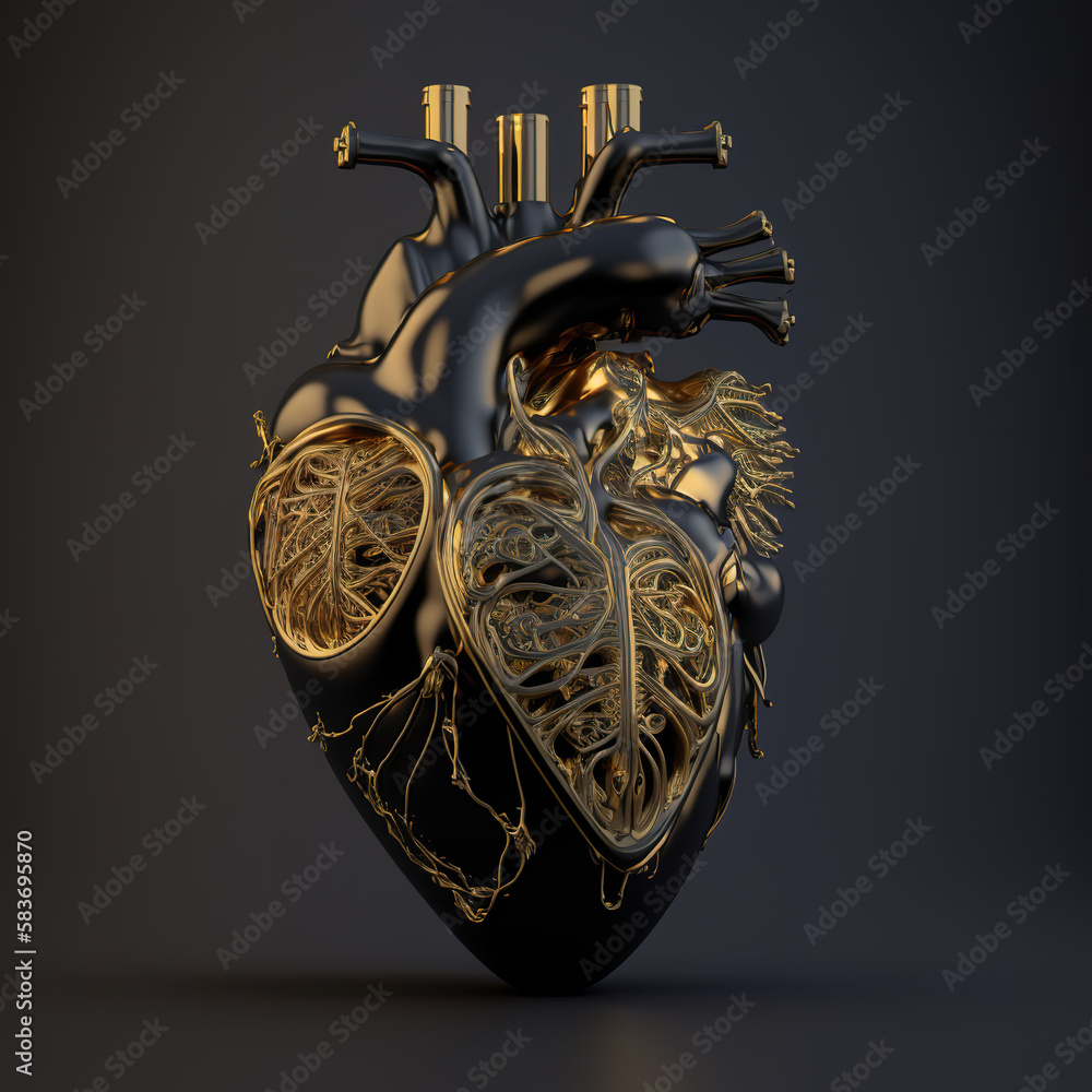 Realistic 3D human heart with golden accents on dark background. Golden ...