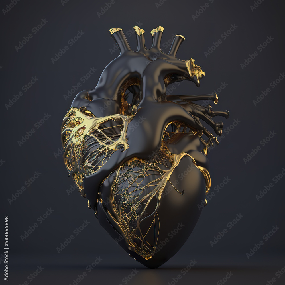 Realistic 3D human heart with golden accents on dark background. Golden ...